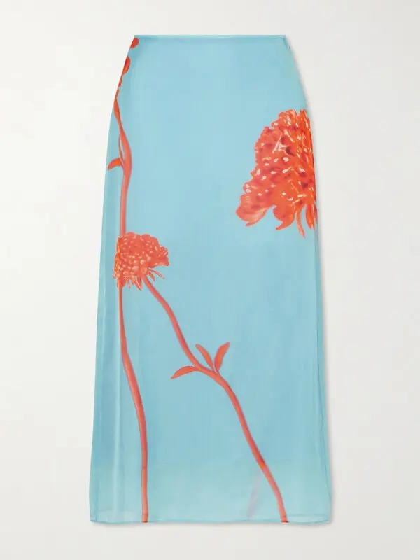 SIR. Amelie Floral-printed Silk-chiffon Midi Skirt - Blue