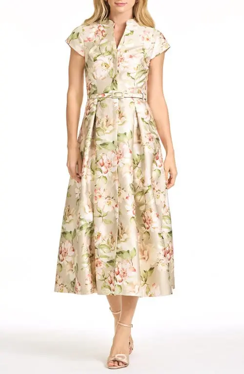 Sachin & Babi Martine Floral Mikado Belted Cocktail Midi Dress - Pewter Camellia