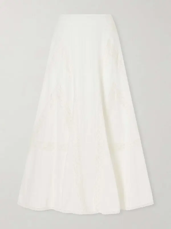 Loretta Caponi Vieste Lace-trimmed Cotton-muslin Maxi Skirt - Off-white
