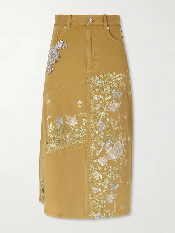Erdem Embellished Embroidered Denim Midi Skirt - Green