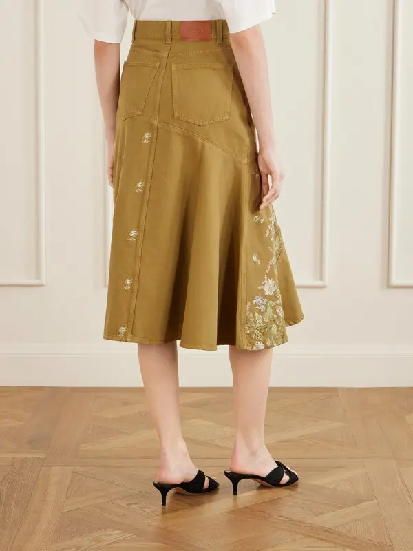 Erdem Embellished Embroidered Denim Midi Skirt - Green
