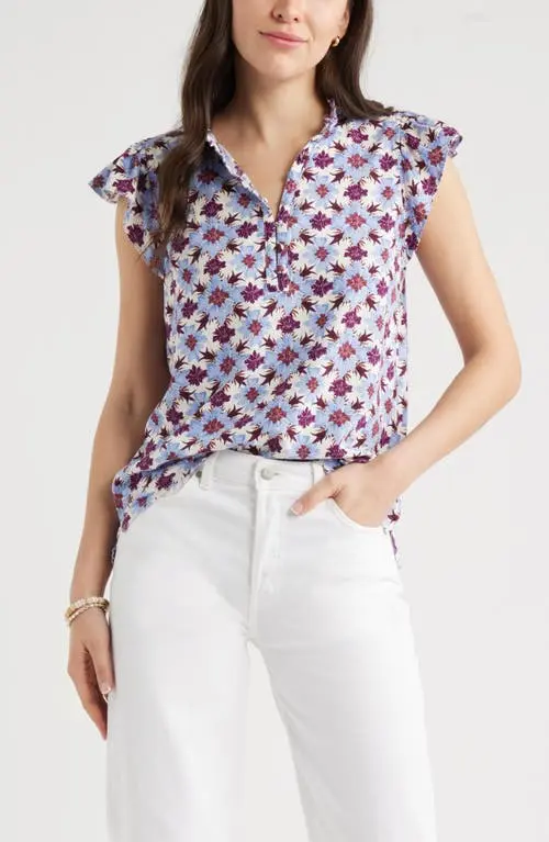 Caslon Flutter Sleeve Print Popover Top - Ivory- Purple Millie Tile