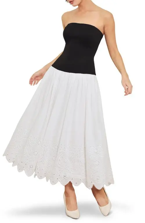 FREEMARKET Strapless Mixed Media Maxi Dress - White/black