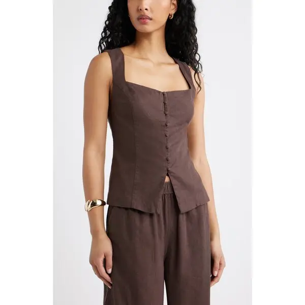 OPEN EDIT Sweetheart Neck Linen Blend Top - Brown Seal