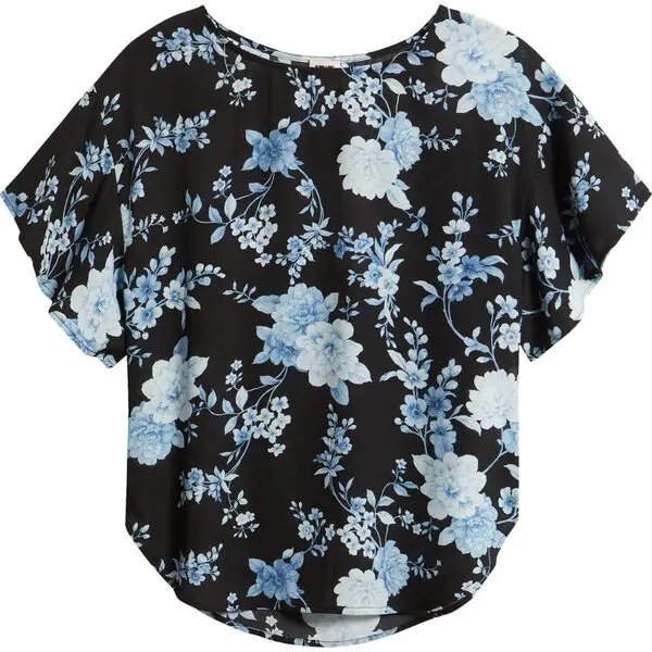 Anne Klein Floral Flutter Sleeve T-shirt - Anne Black Multi