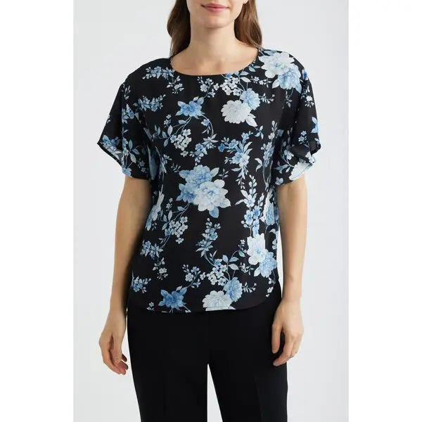 Anne Klein Floral Flutter Sleeve T-shirt - Anne Black Multi