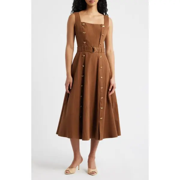FREEMARKET Belted Fit & Flare Cotton Midi Dress - Brown