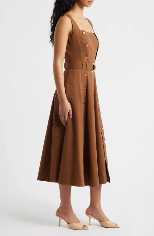 FREEMARKET Belted Fit & Flare Cotton Midi Dress - Brown