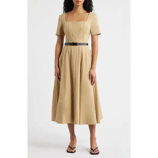 FREEMARKET Belted Pleated Cotton Midi Dress - Beige