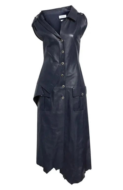 Alexander McQueen Asymmetric Leather Shirtdress - Navy