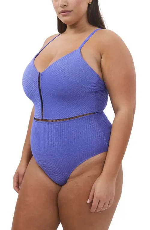 BILIBLOND Kim Rib Lurex V-neck One-piece Swimsuit - Blue Rib Lurex
