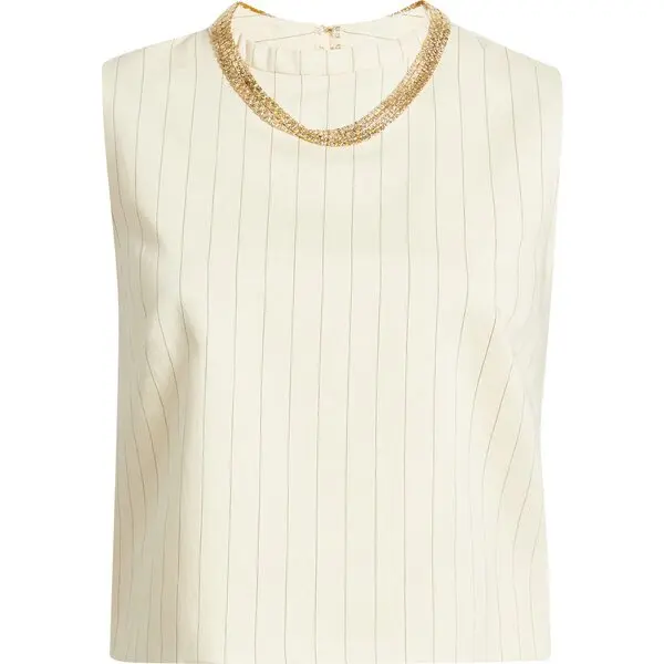 Mango Cadena Pinstripe Embellished Layered Necklace Top - Off White