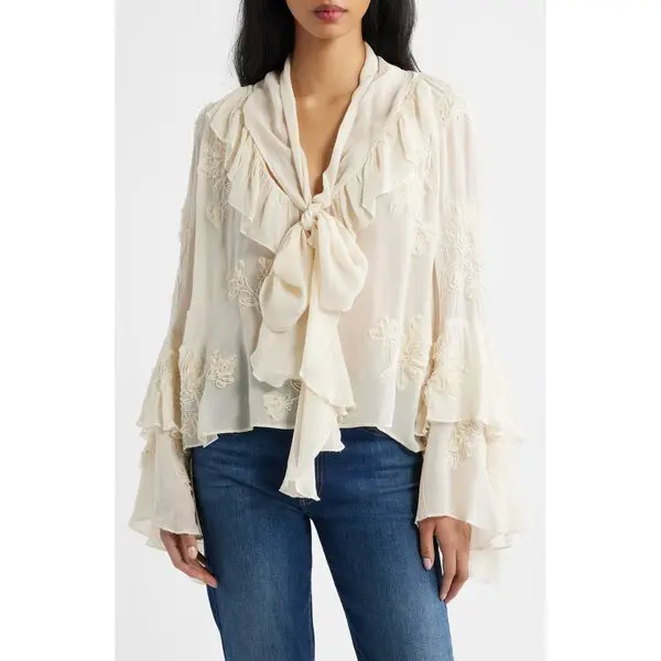 Mango Floral Embroidered Tie Mock Neck Top