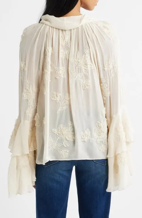 Mango Floral Embroidered Tie Mock Neck Top