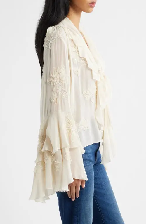 Mango Floral Embroidered Tie Mock Neck Top