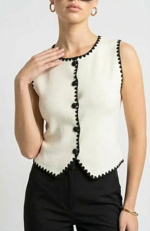 KNIT & LOUNGE Sleeveless Sweater Vest With Button Front And Contrast Trim - Black/ White/ Beige
