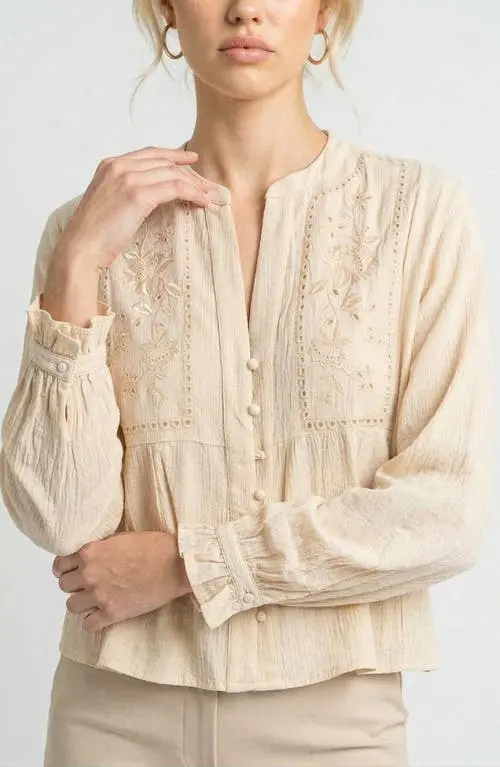KNIT & LOUNGE Long Sleeve Blouse With Split Neck And Embroidered Panels - Beige/ Floral