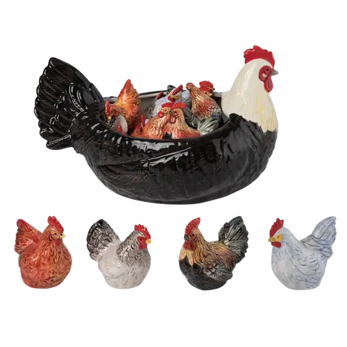 TRANSPAC Dolomite Chicken Salt And Pepper Shaker Set With Bowl Display 17 Piece Ceramic Kitchen Decor - Multicolored