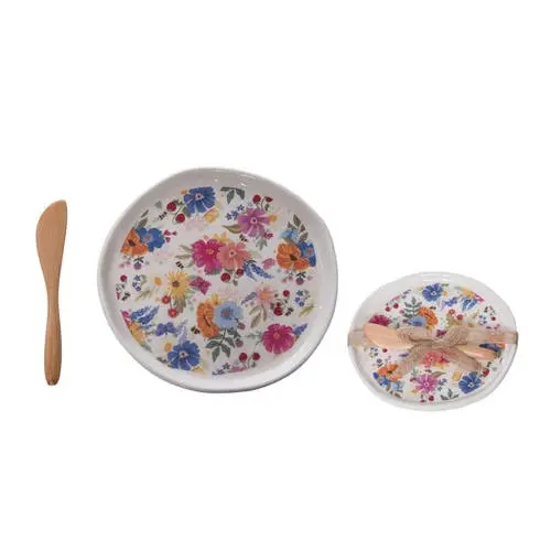 TRANSPAC Dolomite Wildflower Appetizer Plate With Spreader For Spring Serving And Entertaining - Multicolored