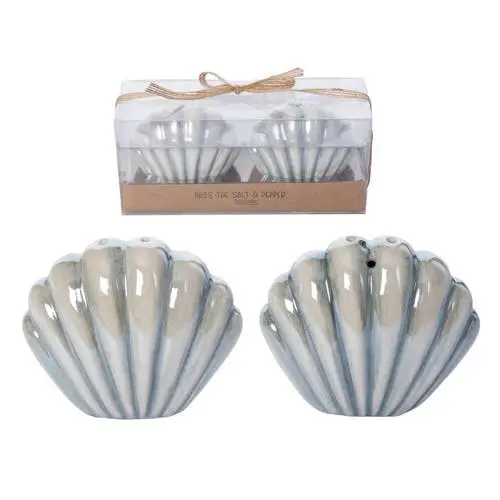 TRANSPAC Dolomite Seashell Salt And Pepper Set Of 2 Blue For Spring Serving And Entertaining - Multicolored