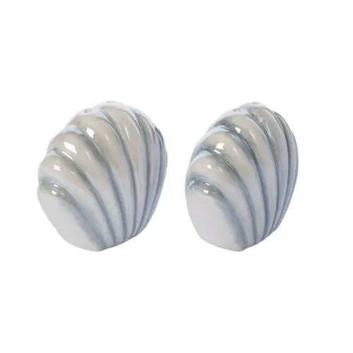 TRANSPAC Dolomite Seashell Salt And Pepper Set Of 2 Blue For Spring Serving And Entertaining