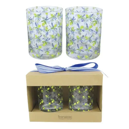 TRANSPAC Glass Juice Cups Lemon Print Set Of 2 Wood For Spring Serving And Entertaining - Multicolored