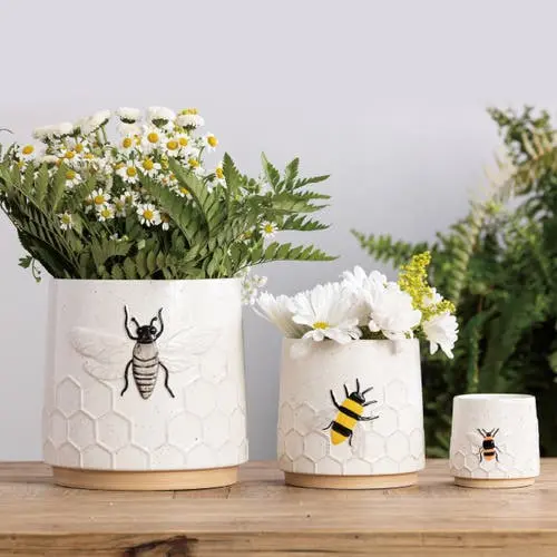 TRANSPAC Dolomite Bee Planters Set Of 3 For Spring Garden Decor