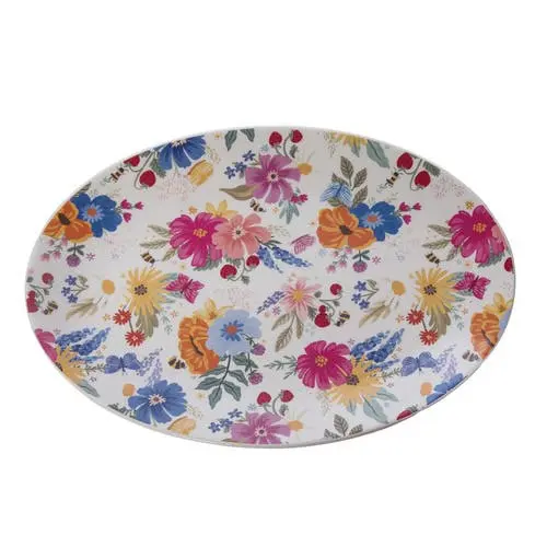 TRANSPAC Dolomite Floral Spring Platter For Spring Serving And Entertaining - Multicolored
