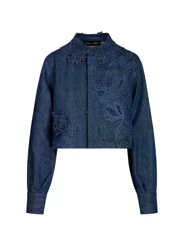 Oscar De La Renta Flower-embroidery Cropped Jacket - Blue