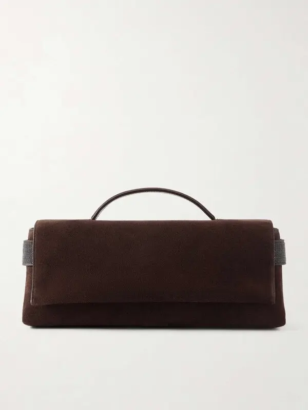 Brunello Cucinelli Bead-detailed Suede Clutch - Chocolate