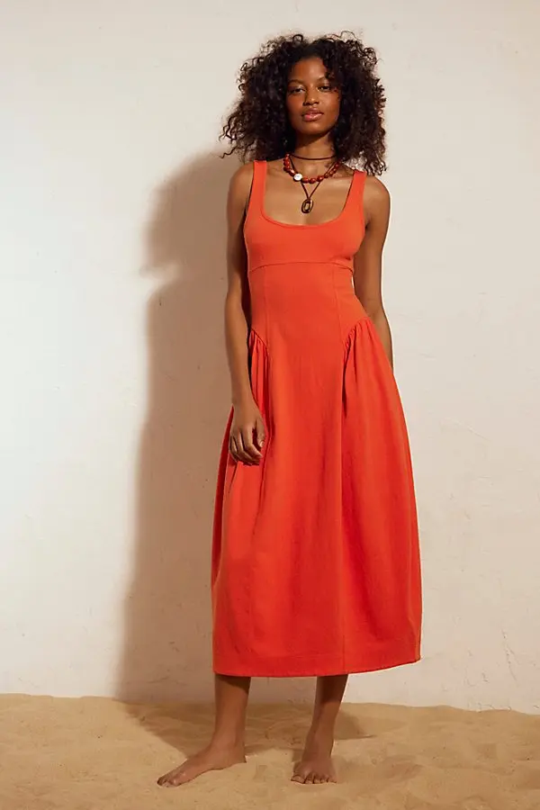 Free People Elsa Cotton Midi Dress - Mandarin Red