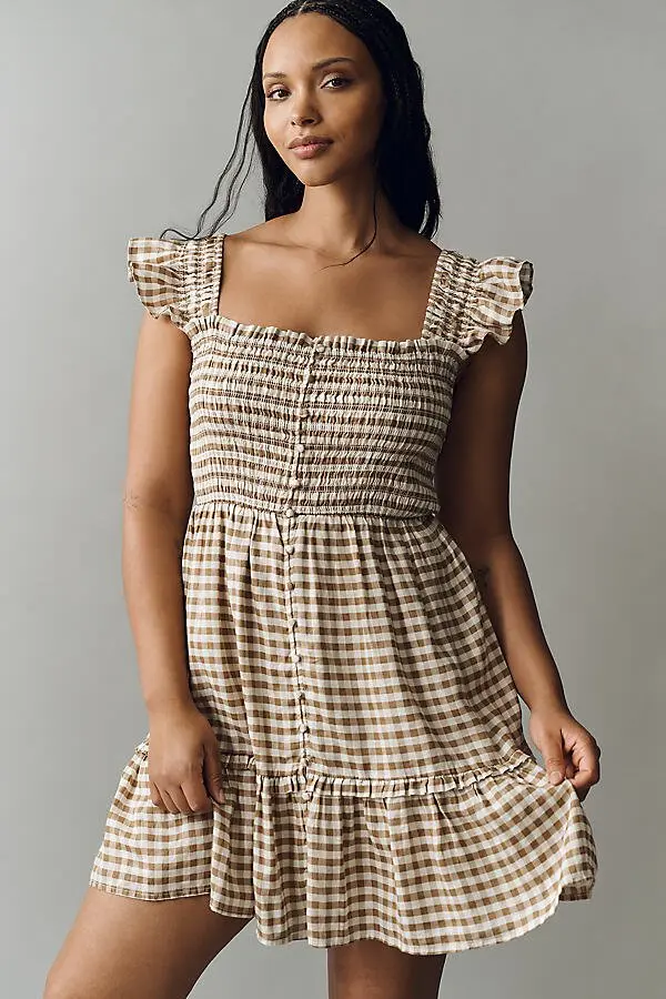 Anthropologie Peregrine Linen Mini Dress - Brown Plaid