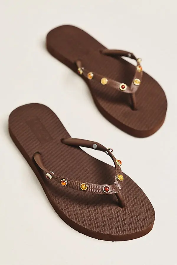 BRIZZA AREZZO Embellished Thong Sandals - Chocolate