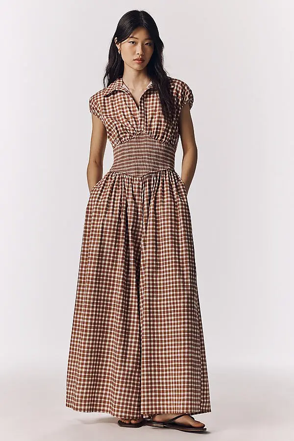 HUTCH Gingham Basque-waist Jumpsuit - Brown Gingham