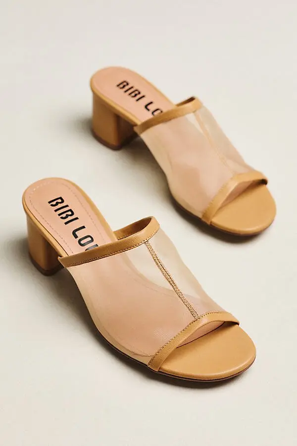 BIBI LOU Mesh Block Heel Mules - Camel