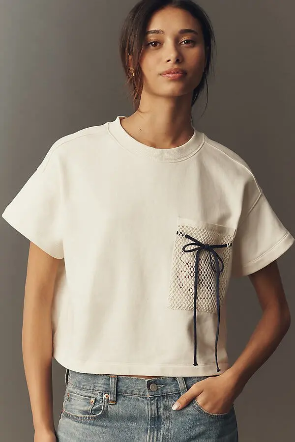 Maeve Cotton Seashell Mesh Pocket Tee - Snow White