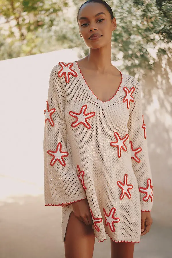 FLAT WHITE Starfish Stitched Mini Cover-up Dress - Tan/red Starfish