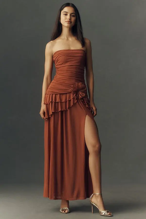 Bhldn Strapless Ruched Rosette Mesh Maxi Dress