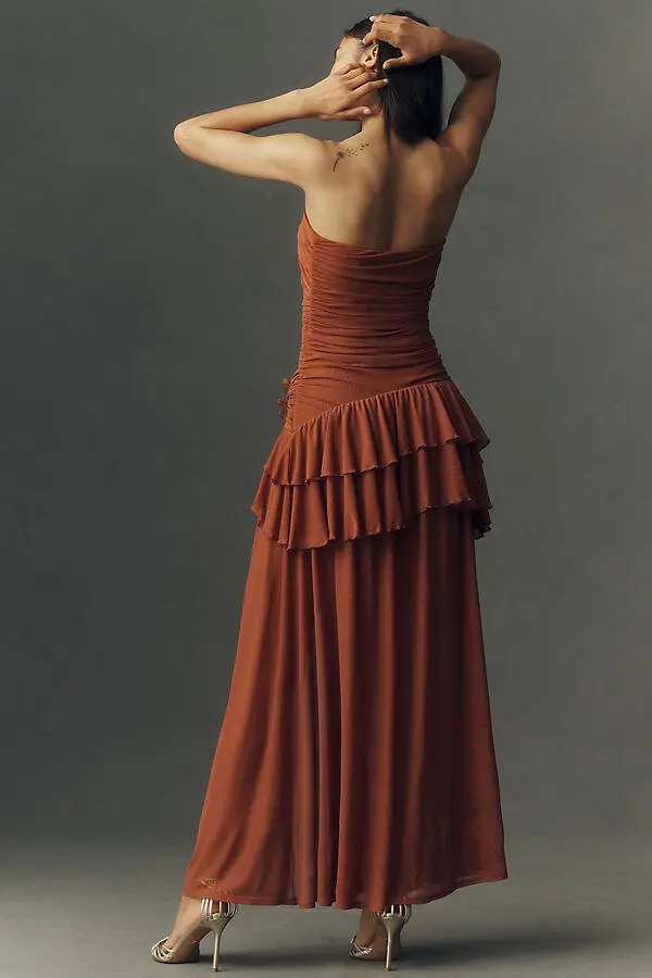 Bhldn Strapless Ruched Rosette Mesh Maxi Dress