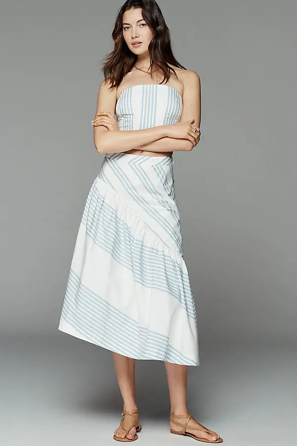 Maeve Cotton Striped Asymmetric Midi Skirt - Blue Stripe