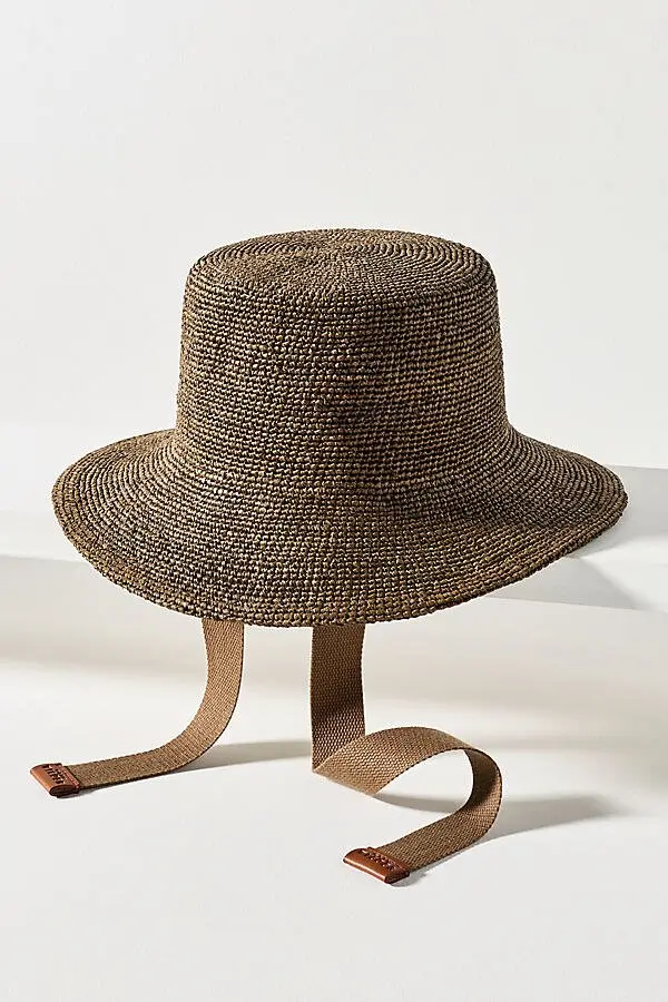 WYETH Raffia Crochet Ties Bucket Hat - Brown