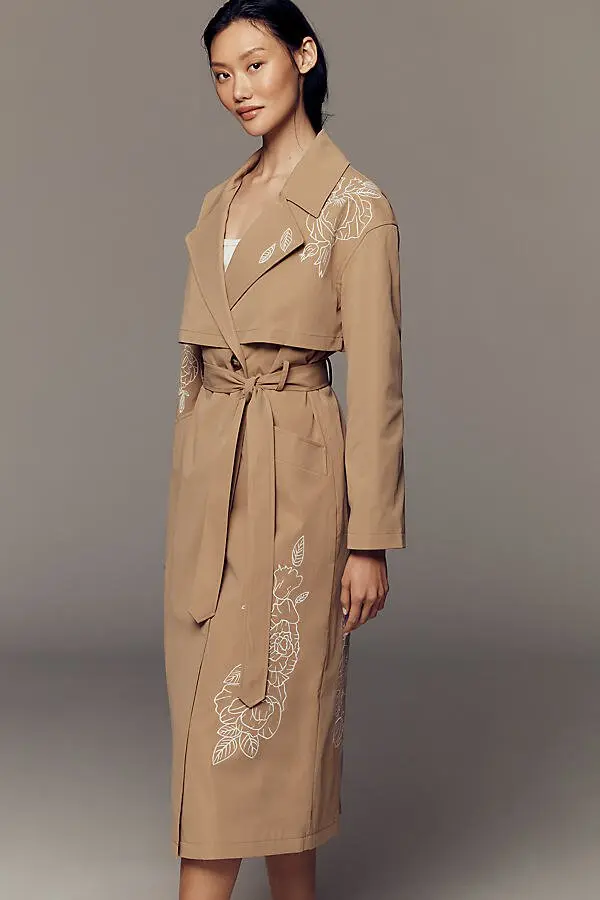 NVLT Longline Embroidered Trench Coat - Tan