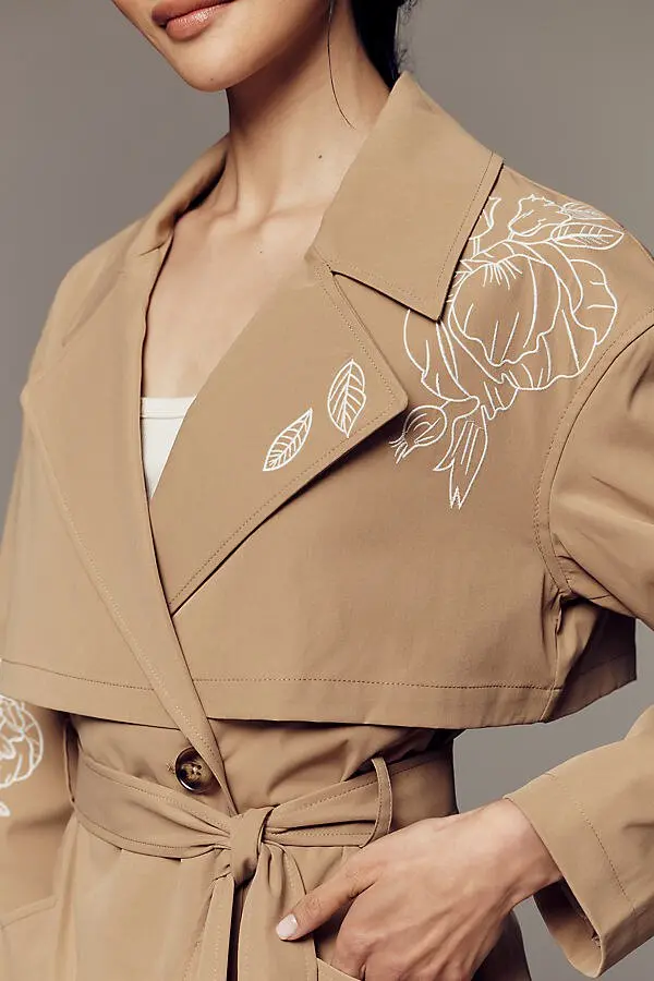 NVLT Longline Embroidered Trench Coat - Tan