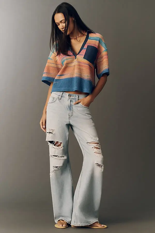 PILCRO Cotton Waffle Knit V-neck Top - Multi