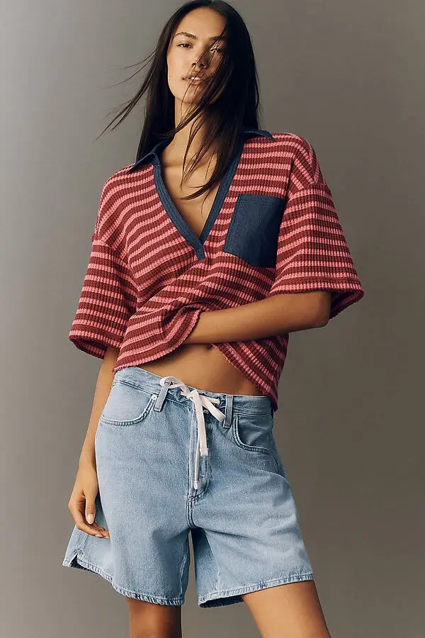 PILCRO Cotton Waffle Knit V-neck Top - Pink Stripe