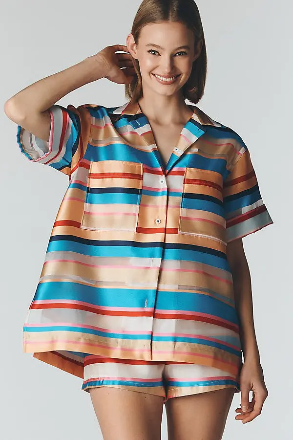Maeve Short-sleeve Buttondown Top - Orange Stripe