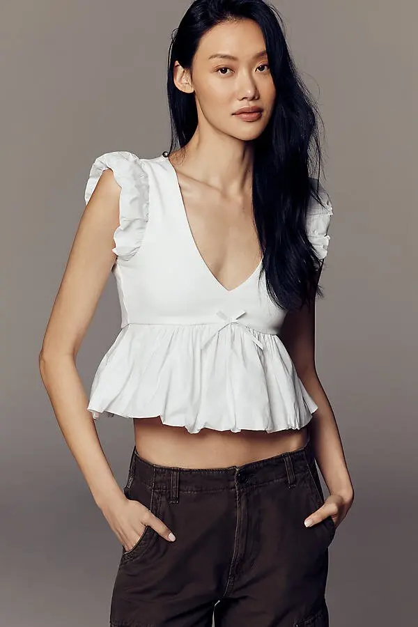Maeve Crop Peplum Ruffle Top - White