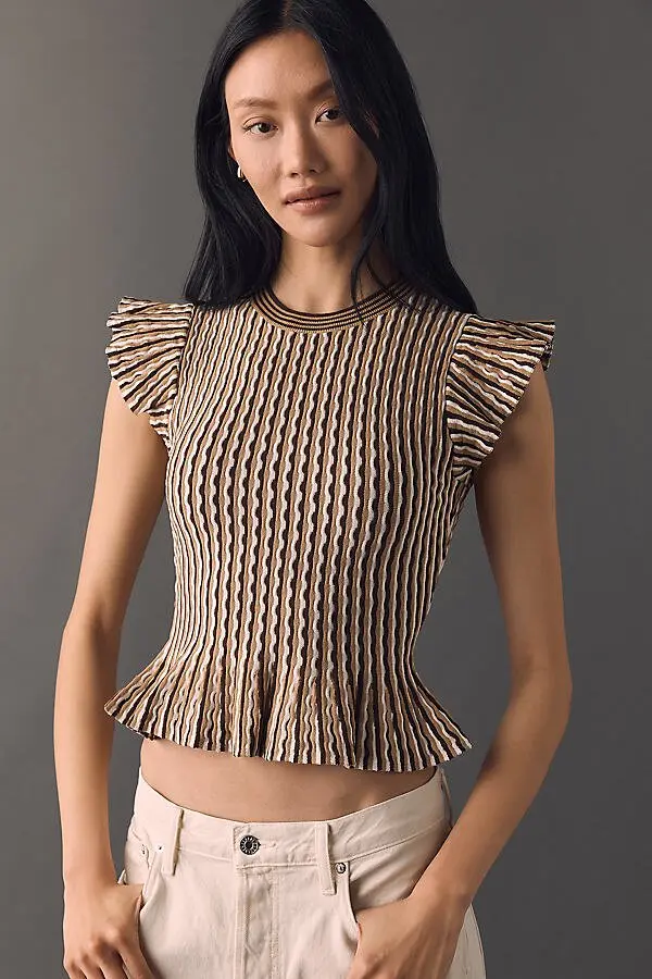 Rails Bryn Ribbed Peplum Tank Top - Brown Stripe