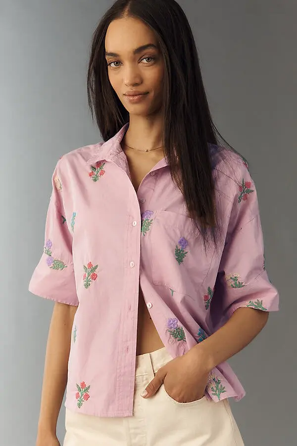Maeve Boxy Oxford Shirt - Pink Floral