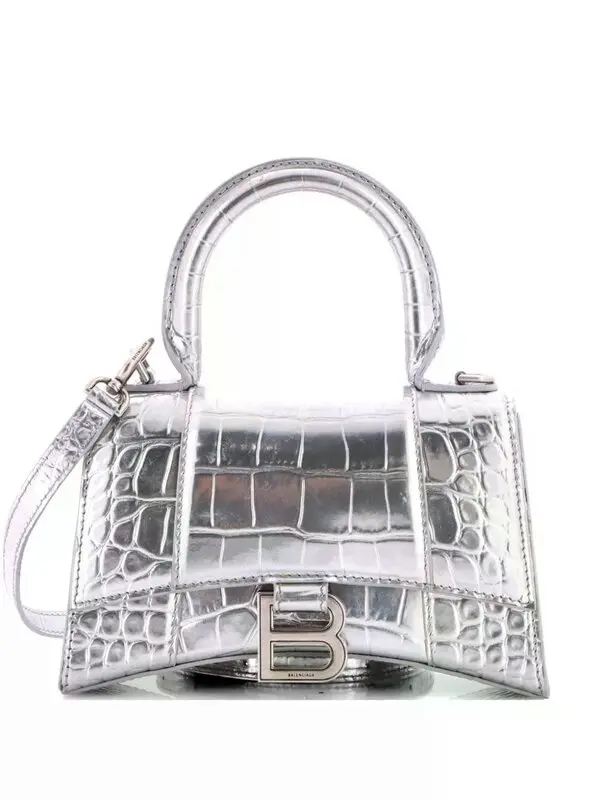 Balenciaga Hourglass Top Handle Bag Crocodile Embossed Leather Xs Satchel - Metallic